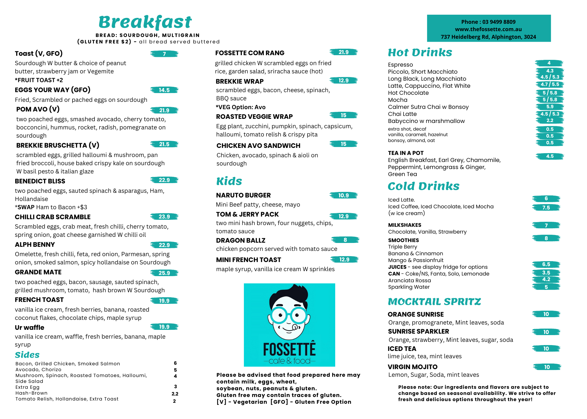 Menu - Fossette Café | Coffee, Breakfast & Brunch